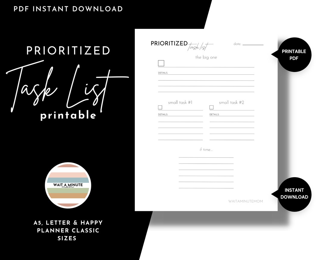 Minimalist Prioritized Task List Printable, Daily to Do List, Daily ...
