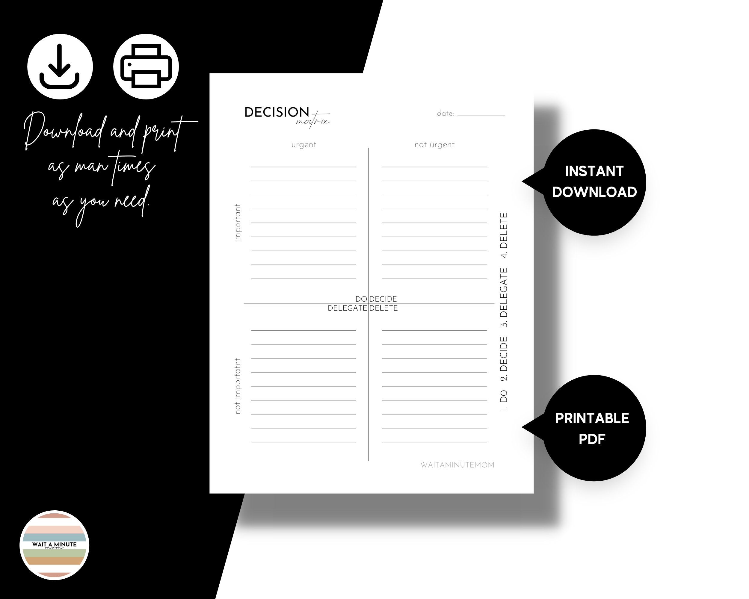 Minimalist Decision Matrix Printable, Priority Matrix Worksheet for ...