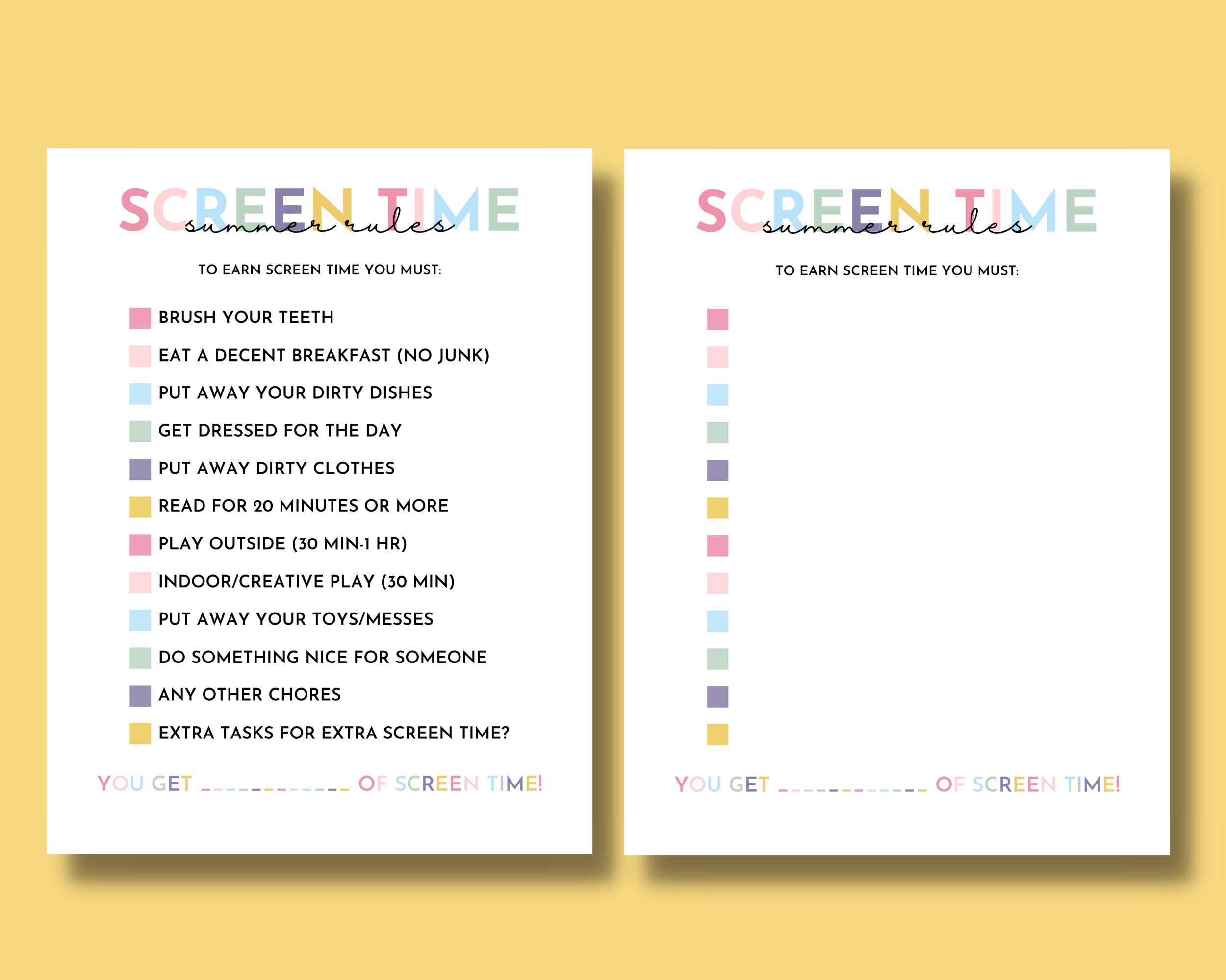 Summer Screen Time Rules Checklist Printable, Screen Time Chart, Earn ...