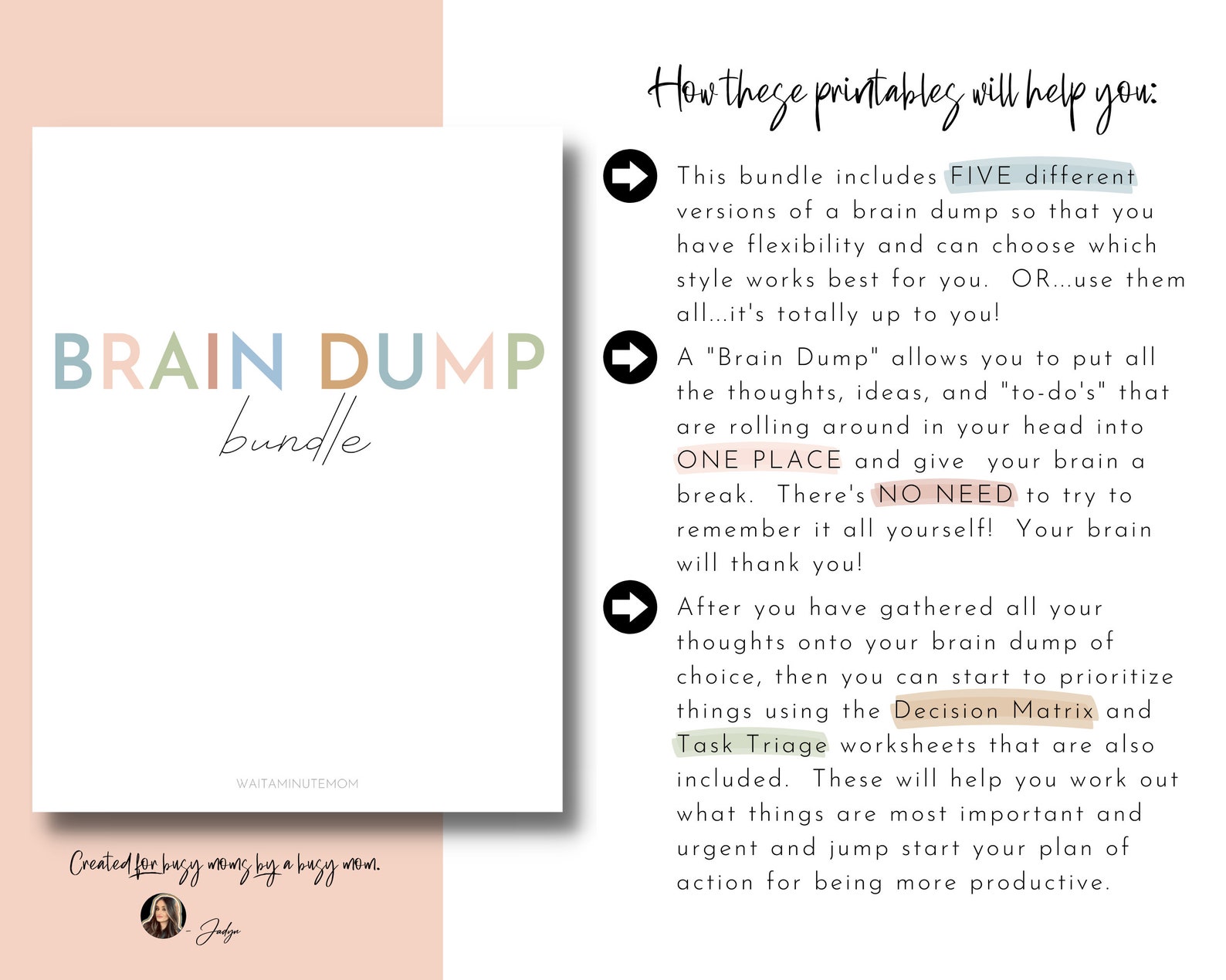 Brain Dump Worksheets for Busy and Overwhelmed Moms, Thought Organizer ...