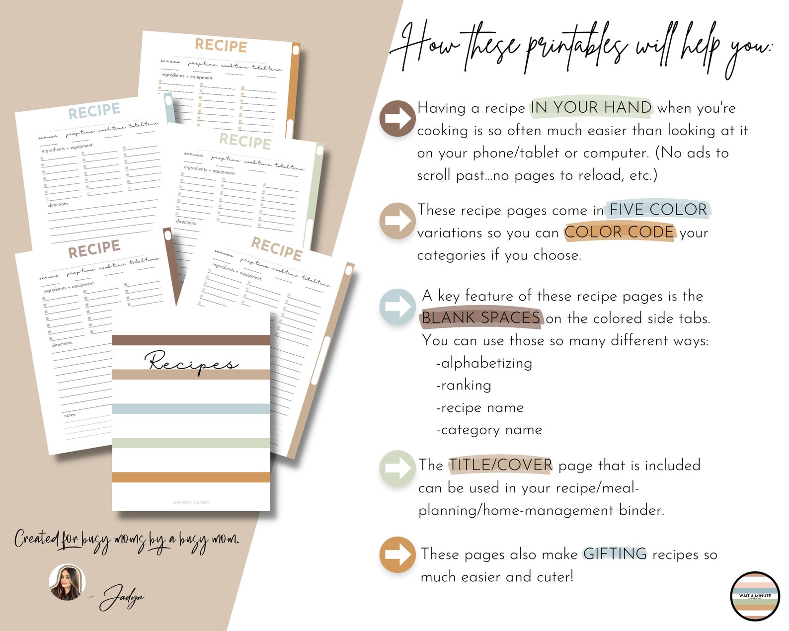 Recipe Pages Neutral Color Palette Printables, Blank Recipe Sheets ...