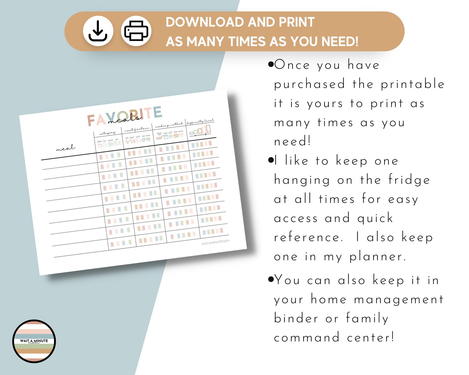 Family Favorite Meals Printable, Organized Go to Meal Ideas List ...