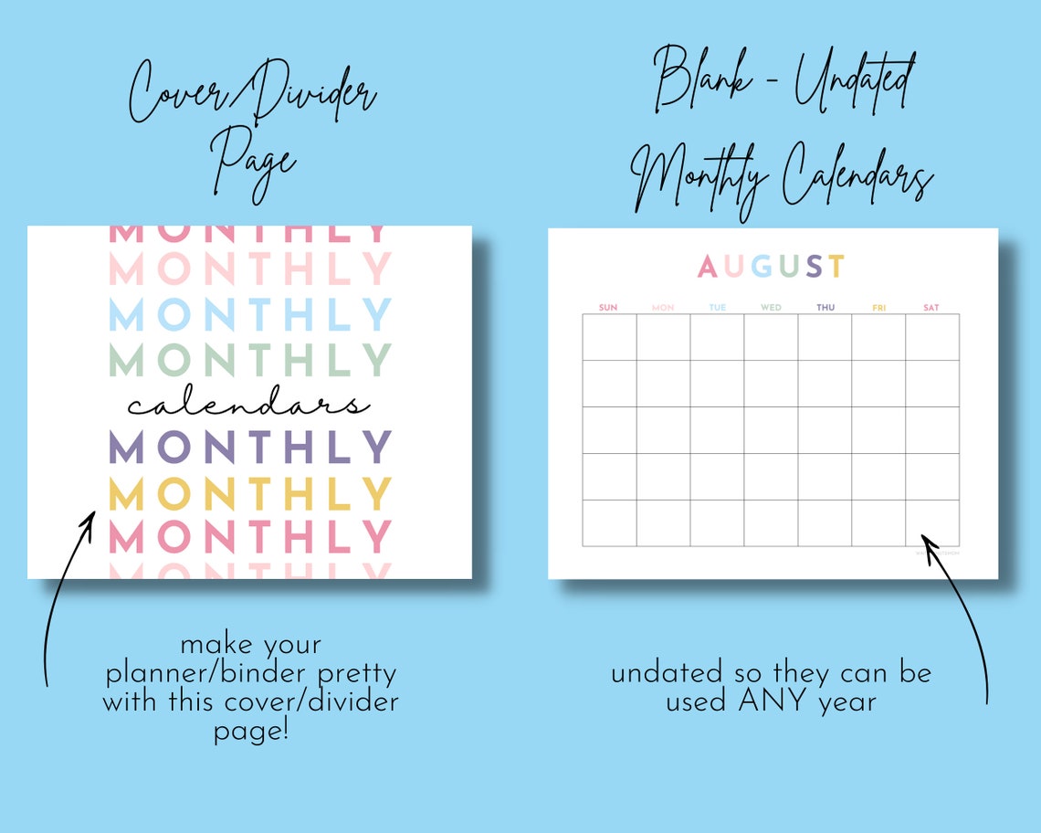 Undated Unlined Blank Monthly Calendar Printables Bundle, Sunday Start ...