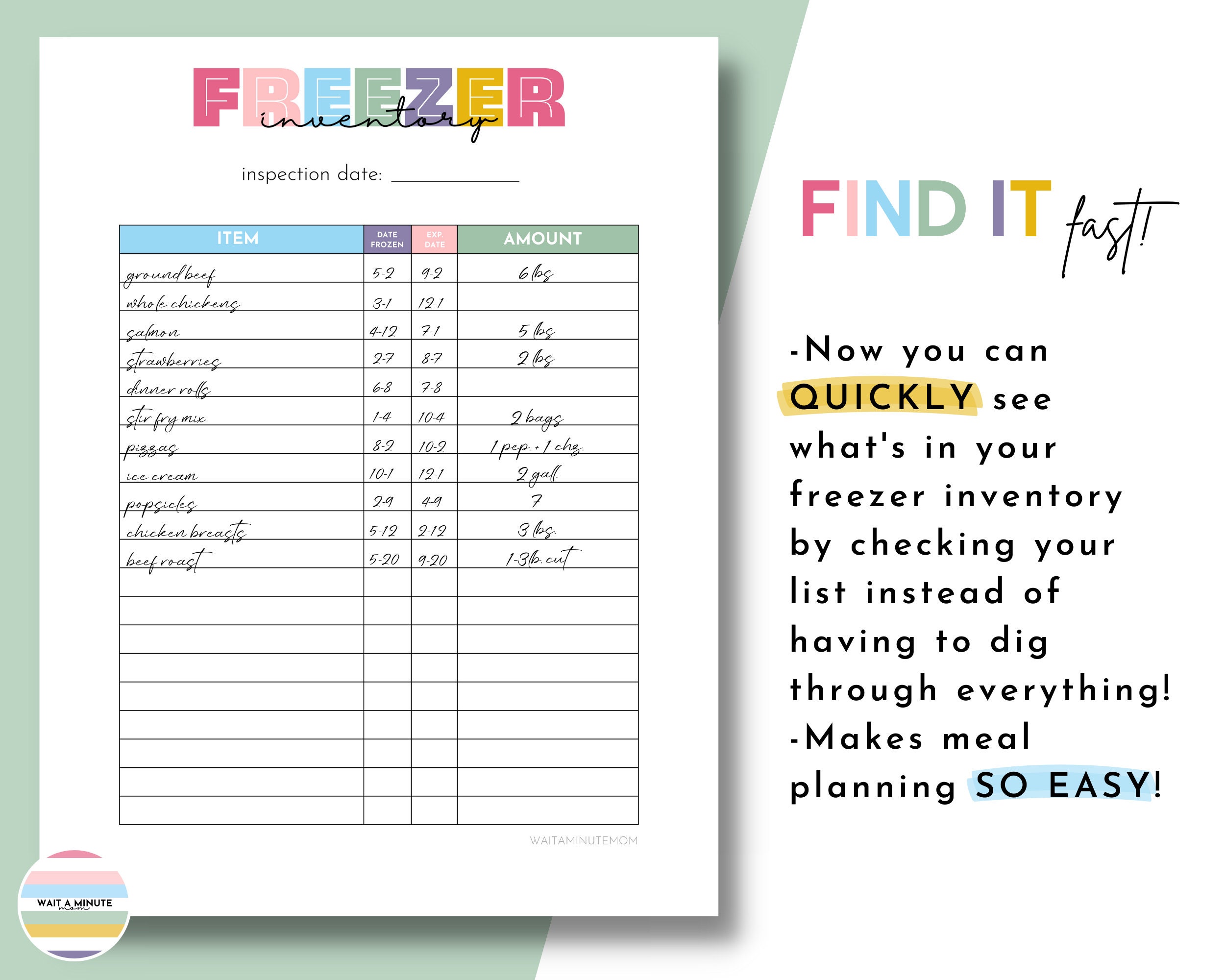 Freezer Contents Log Printable for Spring Cleaning, Simple Freezer ...
