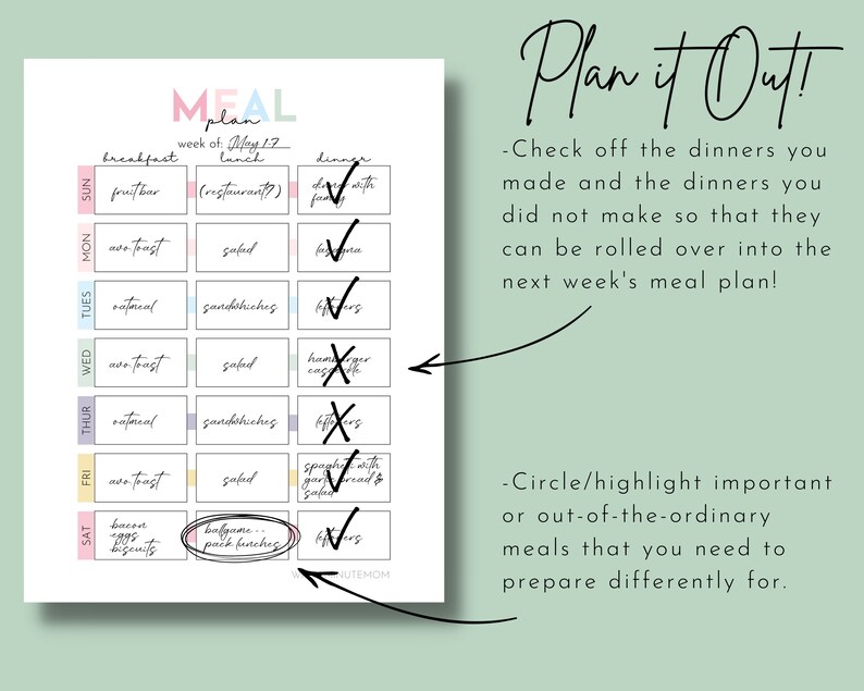 Simple Weekly Meal Plan Printable, Busy Mom Menu Plan Chart, Family ...