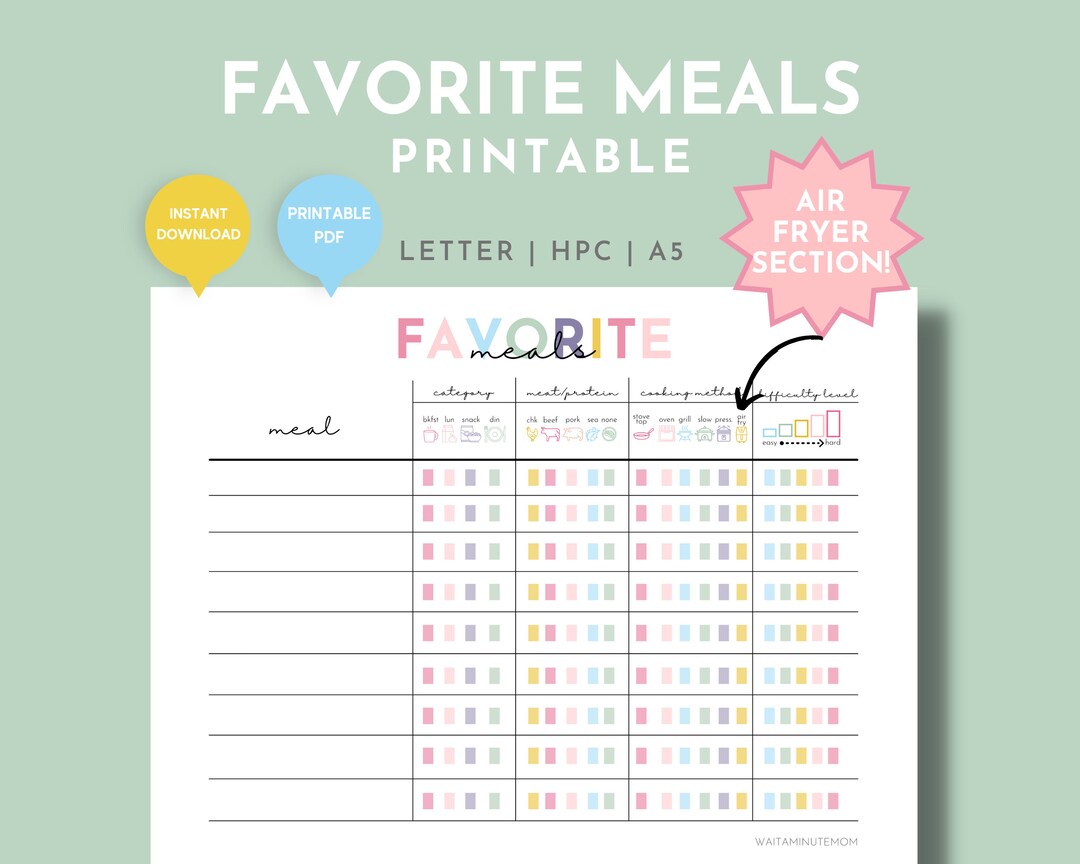 Favorite Easy Meals Printable List With Air Fryer Section, Go to Meal ...