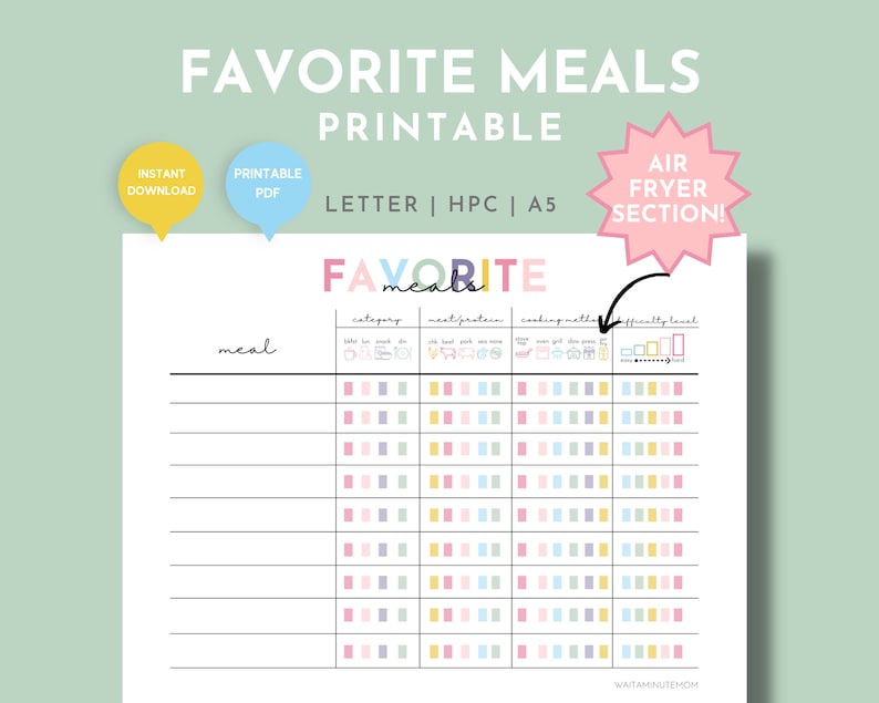 Favorite Easy Meals Printable List With Air Fryer Section, Go to Meal ...