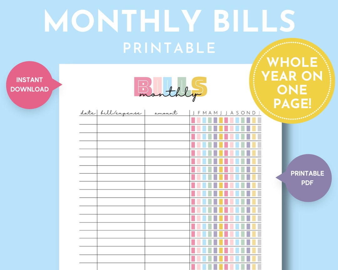 Monthly Bills Tracker Sheet Printable, Payments Tracker, Bill Payment ...