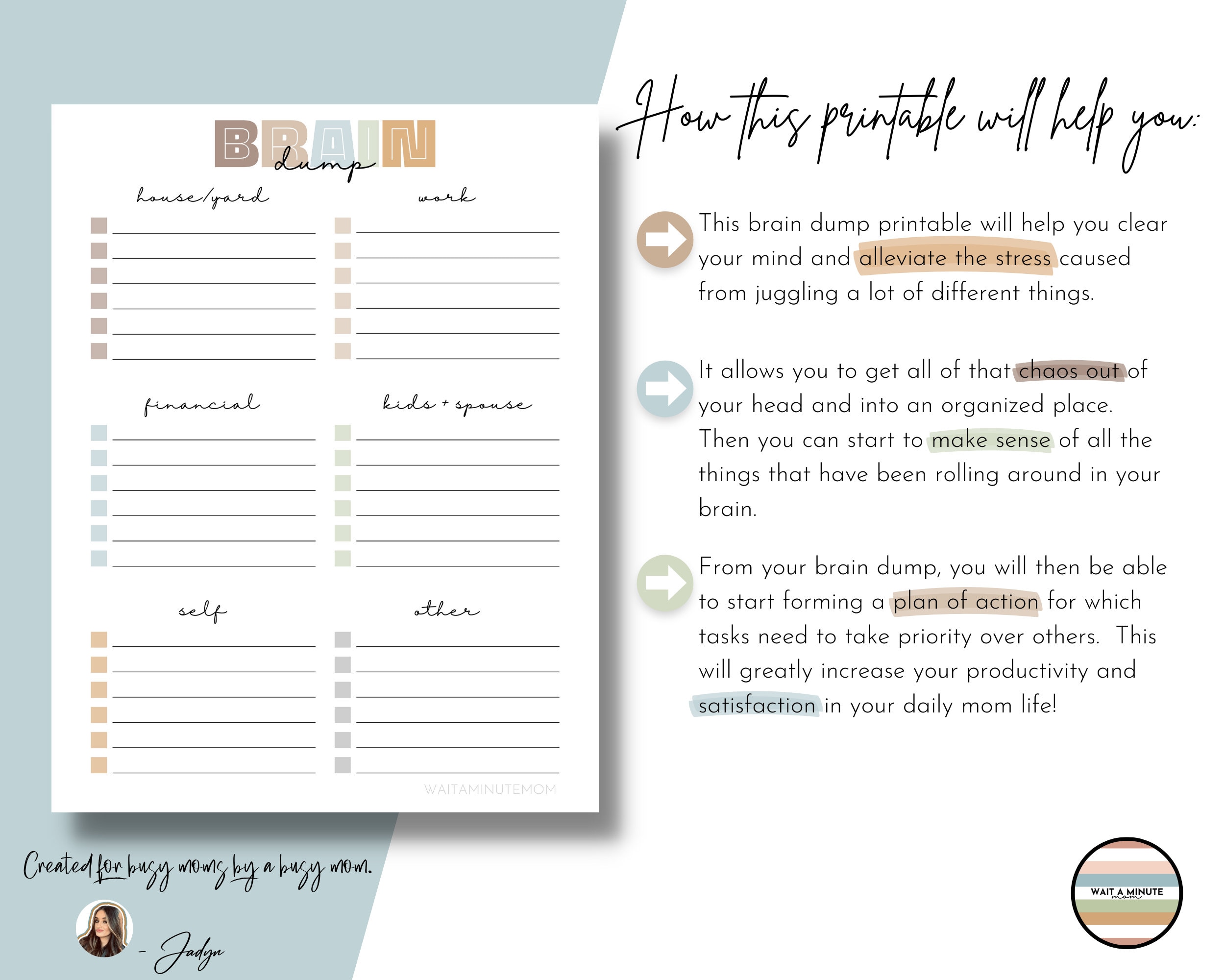 Brain Dump for Busy Moms Printable, Thought Organizer Worksheet, Mind ...