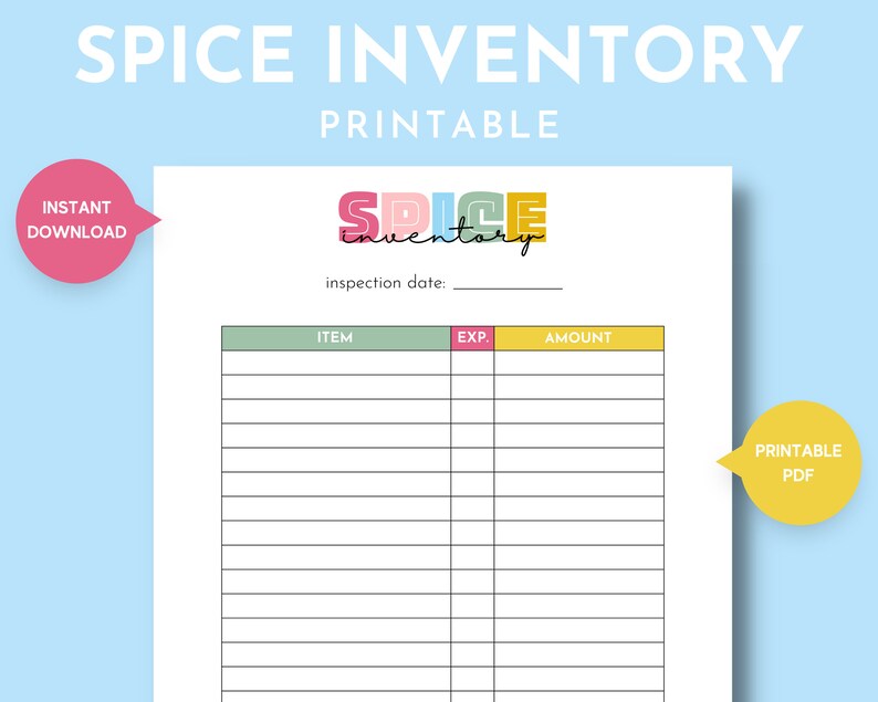 Spices Inventory Tracker Sheet for Kitchen Organization and Meal ...