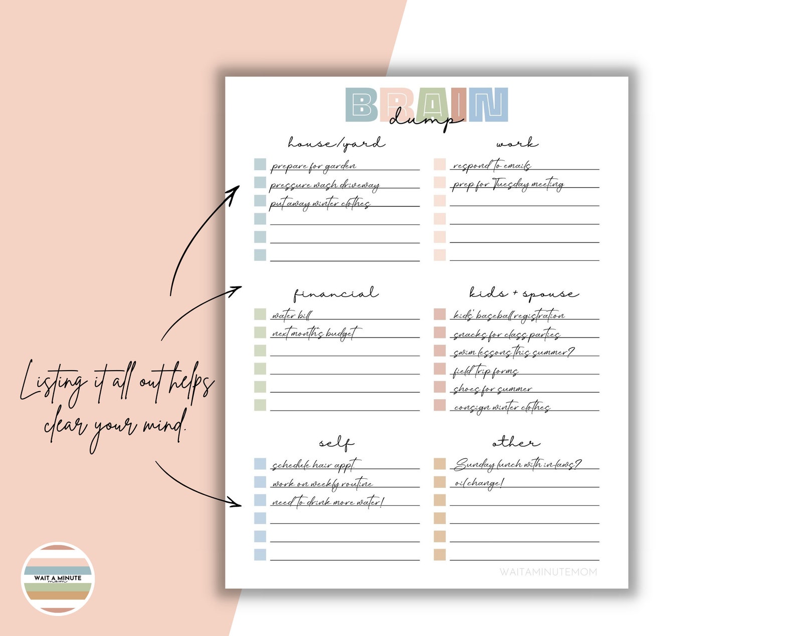 Brain Dump Printable, Thought Organizer Worksheet for Busy Moms, Task ...