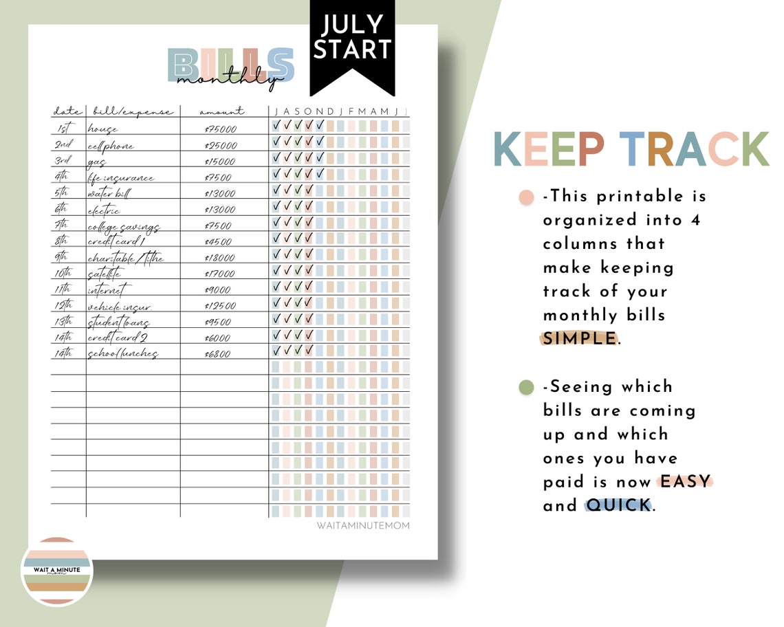 Monthly Bill Tracker Printable JULY START, Monthly Expenses Tracker ...