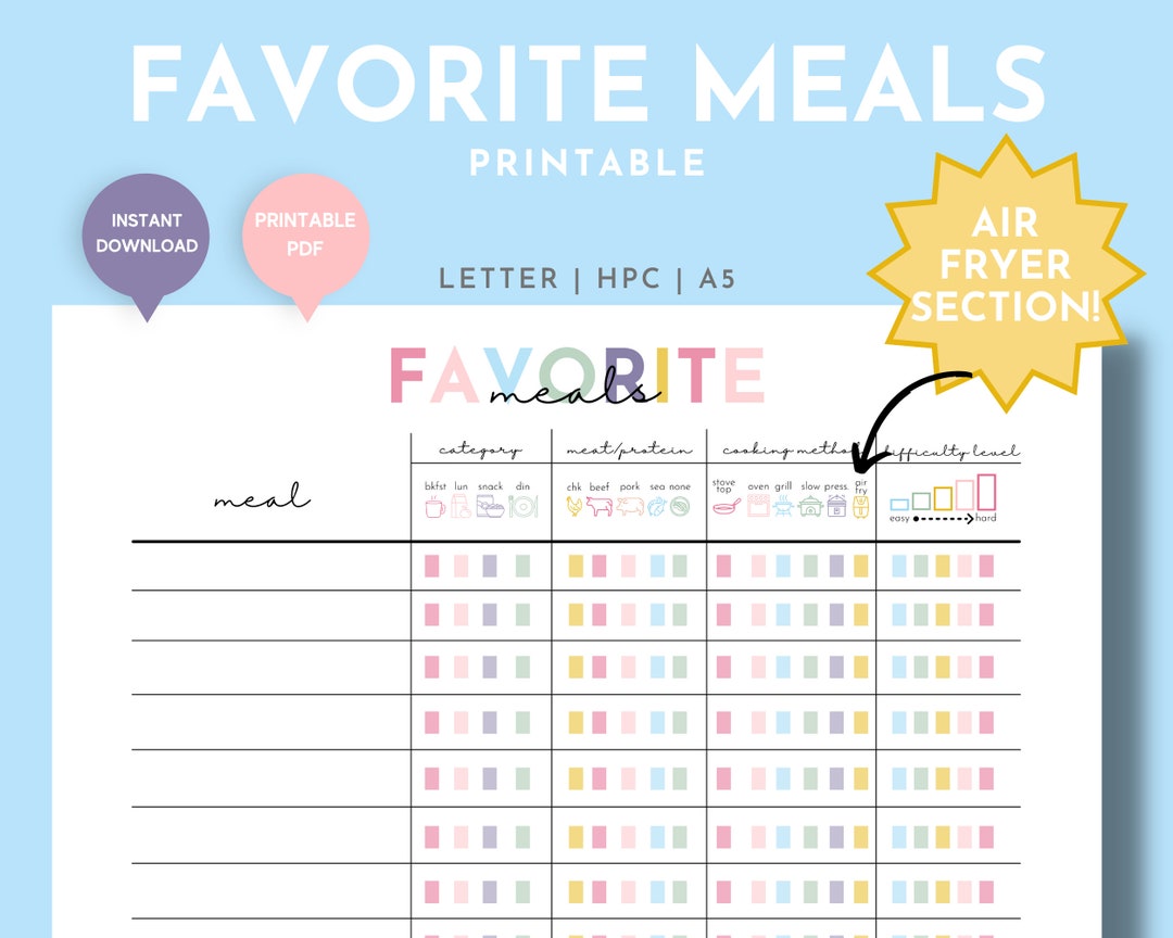 Family Favorite Meals Printable List With Air Fryer Section, Go to Meal ...