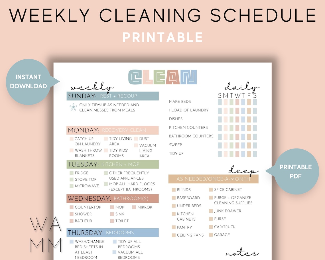 Weekly Cleaning Schedule Printable for Busy Moms Cleaning - Etsy