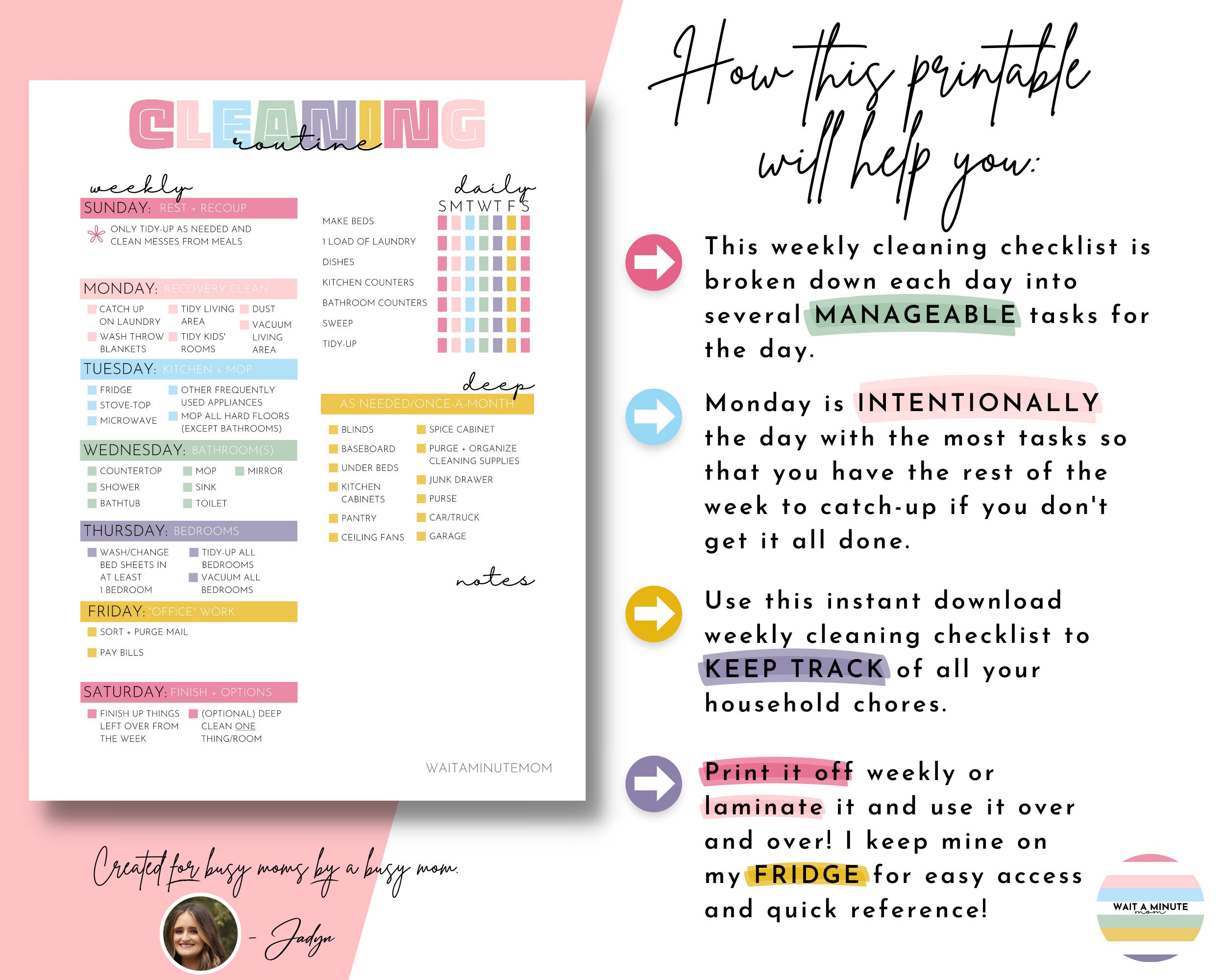 Easy Weekly Cleaning Routine Printable, Busy Mom Cleaning Checklist ...