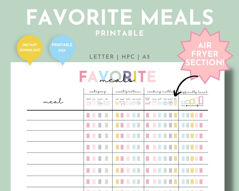 Favorite Easy Meals Printable List With Air Fryer Section Go - Etsy