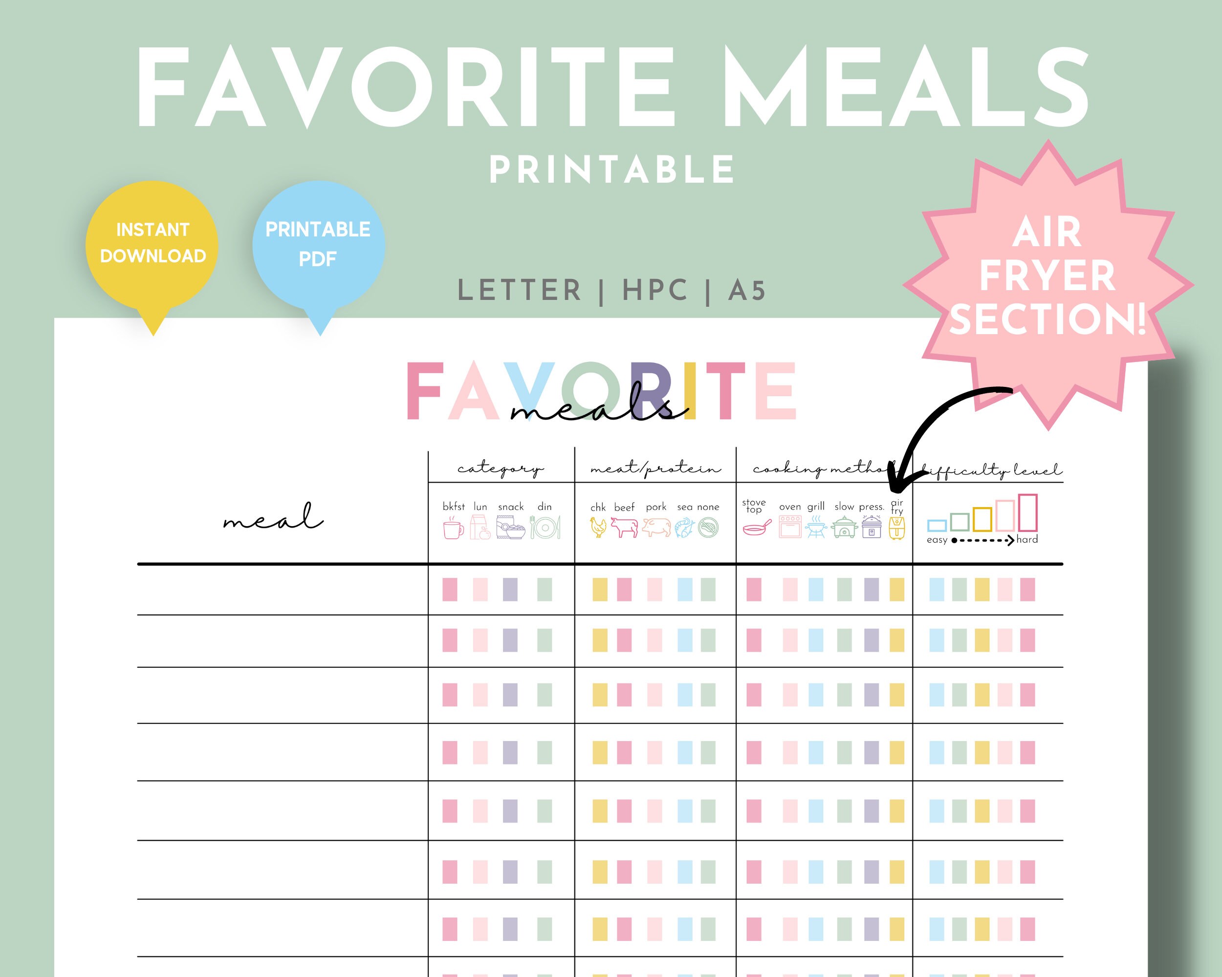 Favorite Easy Meals Printable List With Air Fryer Section Go - Etsy