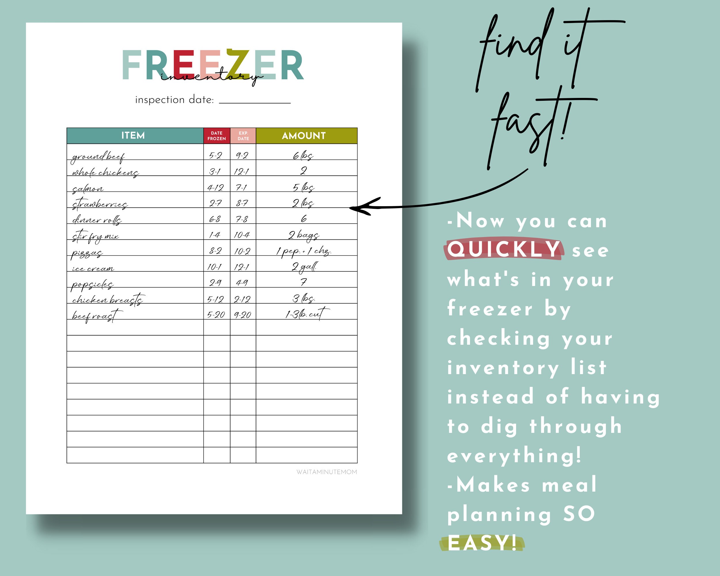 Printable Freezer Inventory, Simple Freezer Contents Tracker, Frozen ...