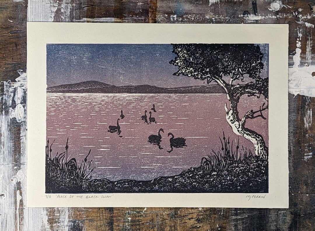 Place of the Black Swan: Woodblock Print of Swans on a River, Limited ...