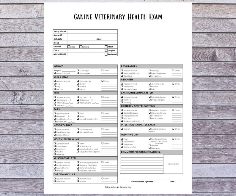 Canine Veterinary Health Exam Form- Vets, Breeders, Pet Owners - Etsy