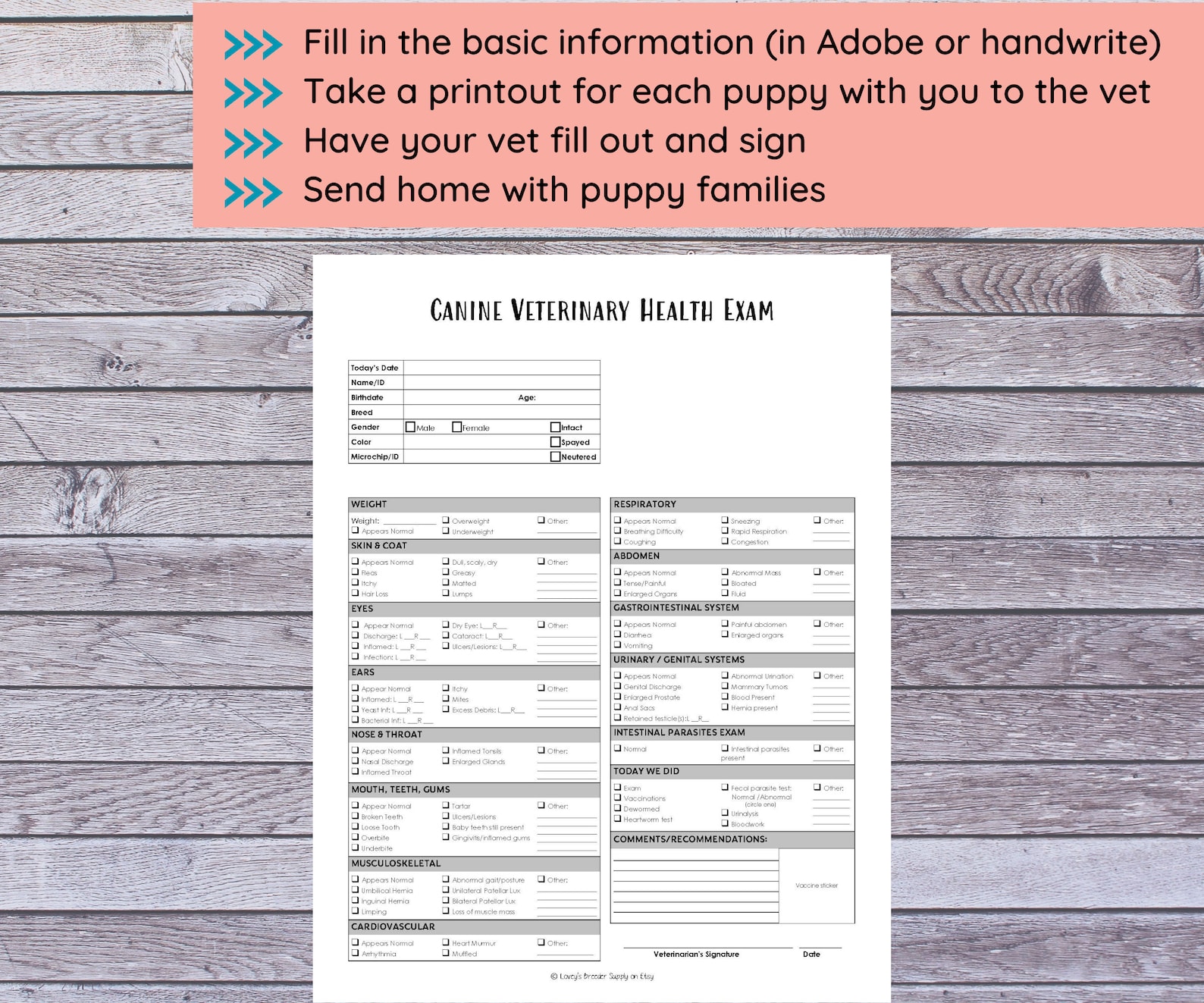 Canine Veterinary Health Exam Form- Vets, Breeders, Pet Owners - Etsy