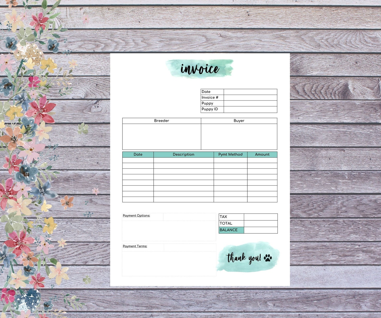 Breeder Invoice - Teal, Fillable, Printable, Logo - Selling a Puppy - Etsy
