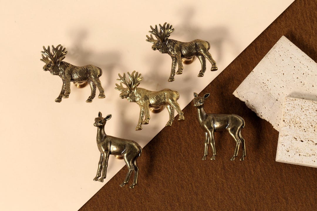 Antique Brass Deer Cabinet Knobs Pulls, Vintage Moose Drawer Wardrobe ...