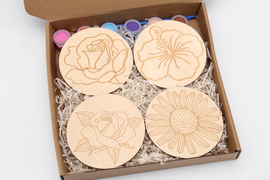 Wooden Flower Painting Kit, Wooden Coaster Paint Kits for Adults Kids ...