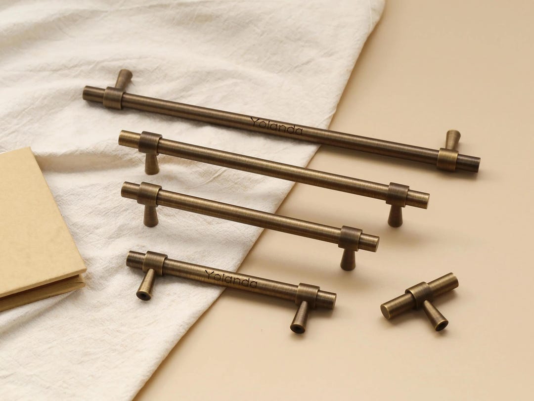 Aged Brass Cabinet Handles Pull, Minimalist Gold Brass Drawer Dresser Handles Pulls Knobs ...