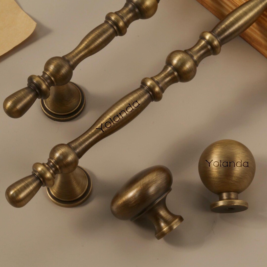 Brushed Antique Brass Cabinet Handles Pulls, Laser Engraved Textured ...