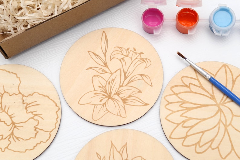 Wooden Flower Painting Kit, Wooden Coaster Paint Kits for Adults Kids ...