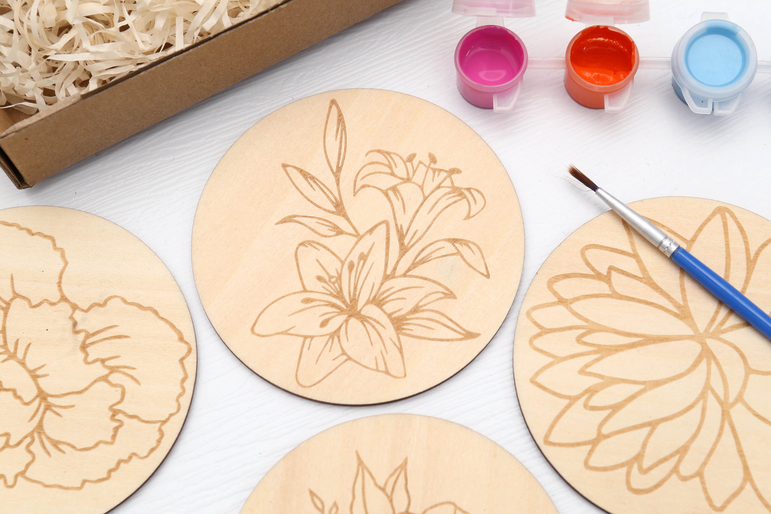 Wooden Flower Painting Kit Wooden Coaster Paint Kits for | Etsy