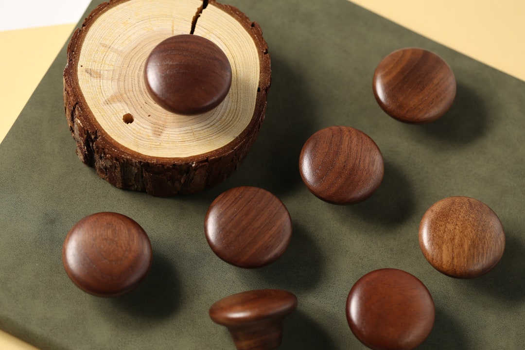 Walnut Wood Knobs Handles, Boho Wood Drawer Dresser Knob, Round Wood ...