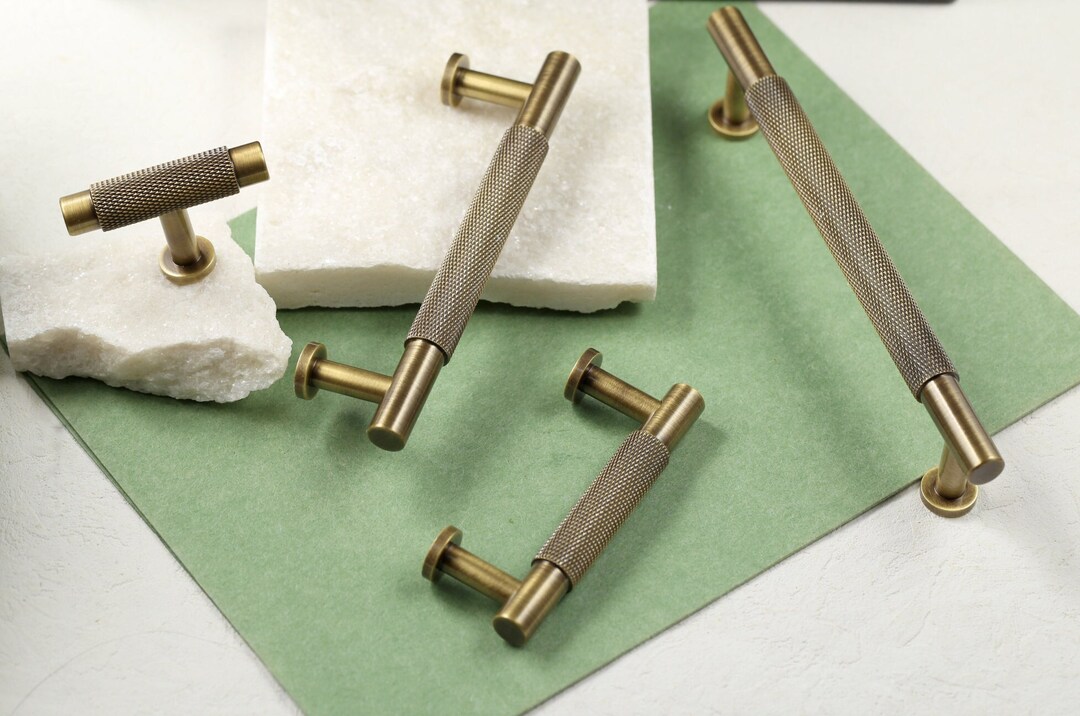 Knurled Antique Brass Cabinet Handles Pulls Satin Brass Drawer Door ...