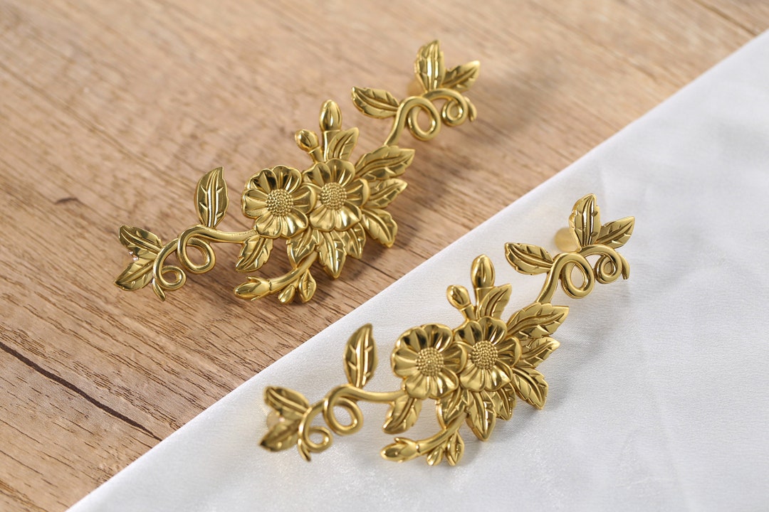 Flower With Branch Drawer Handles Pull, Gold Brass Flower Cabinet Pulls ...