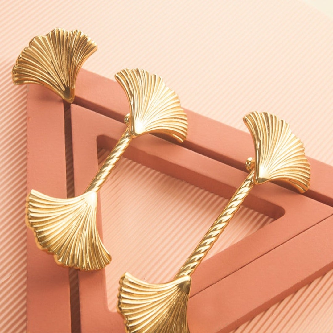 Brass Ginkgo Cabinet Pulls Knobs, Bright Gold Dresser Knobs Handle, Drawer Pulls Knobs Handles ...