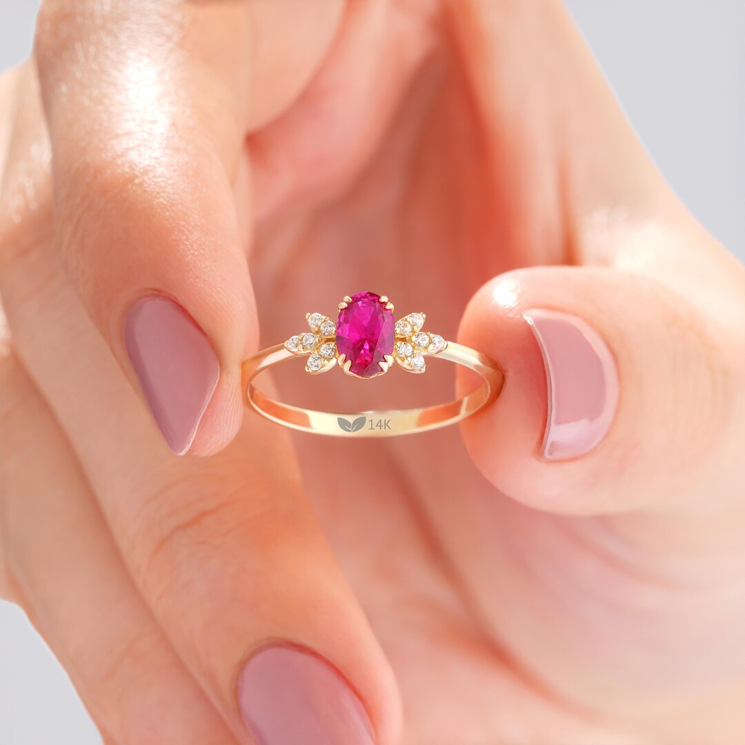 14K Solid Gold Ruby & Diamond Floral Ring, Vintage-inspired Jewelry, Elegant Gold Band, Perfect ...
