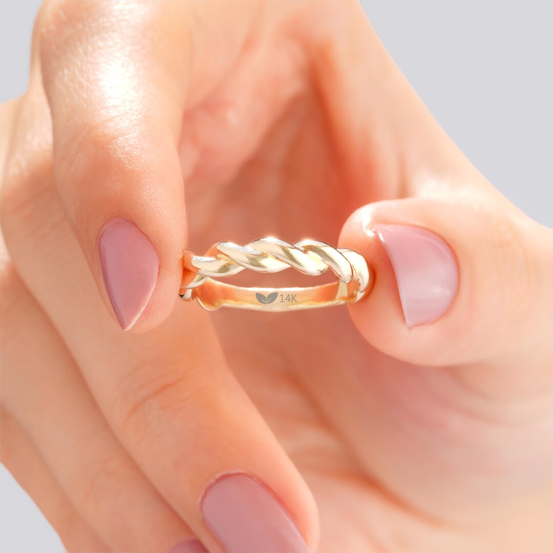14K Solid Gold Braided Ring, Minimalist Twisted Band, Elegant Gold Jewelry, Perfect Stackable ...