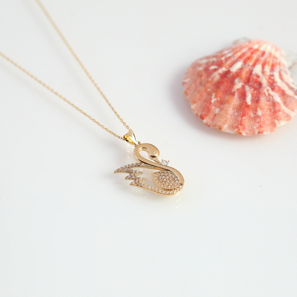 14k Gold Swan Necklace, Zirconium Accent - Etsy