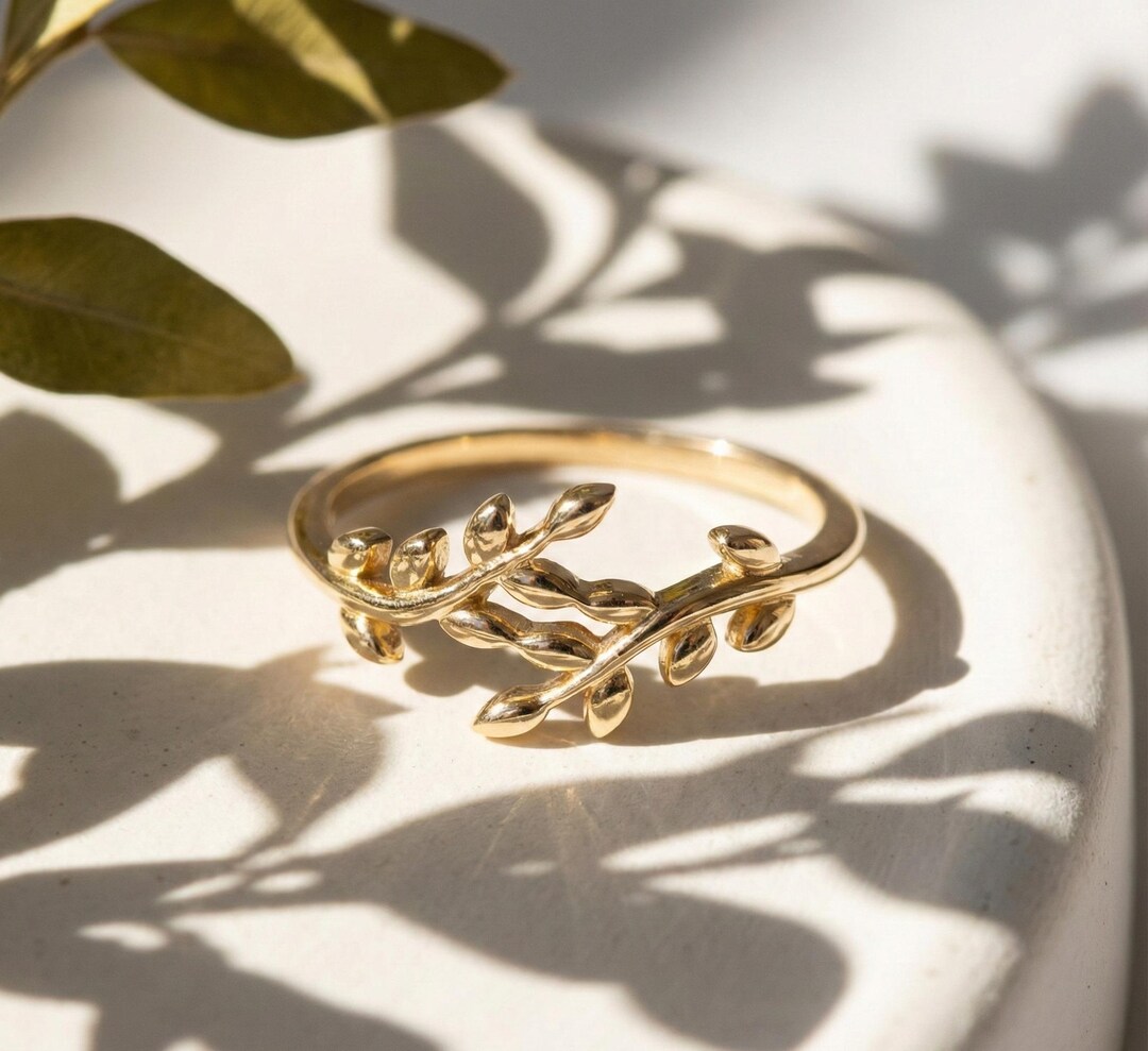14K Gold Olive Branch Ring, Nature Inspired Leaf Jewelry - Etsy