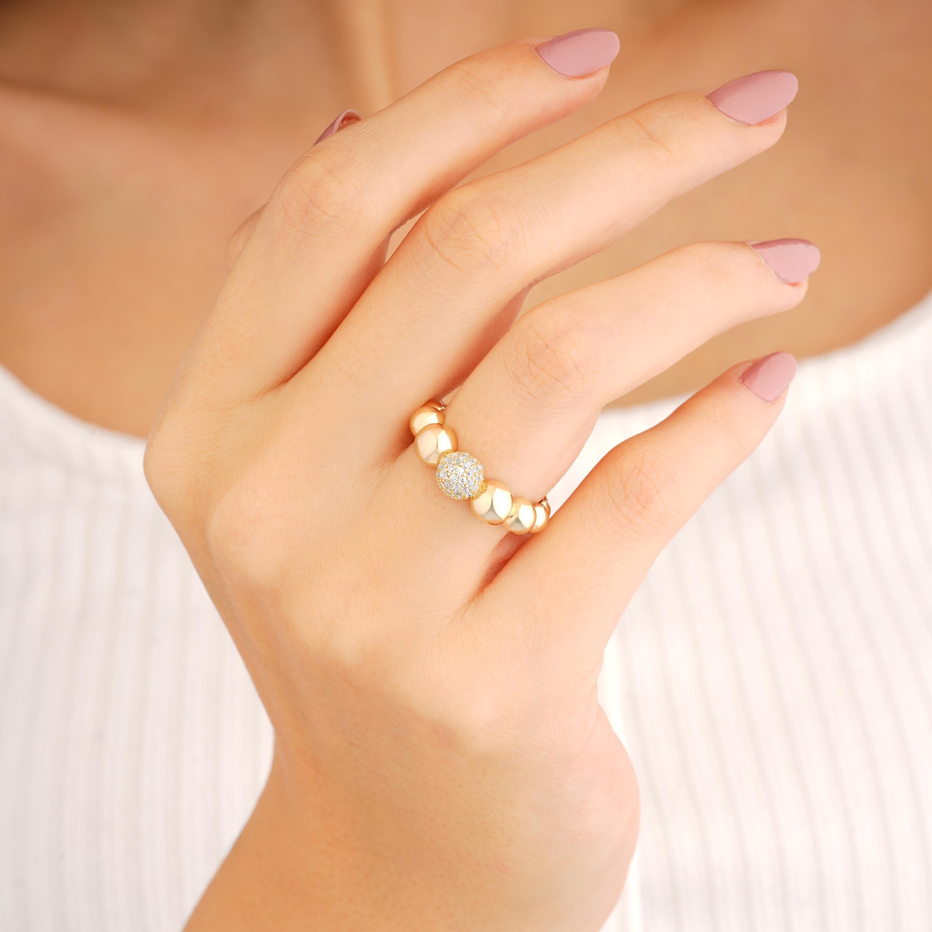 14K Solid Gold Zirconium Sphere Ring, Beaded Band - Etsy