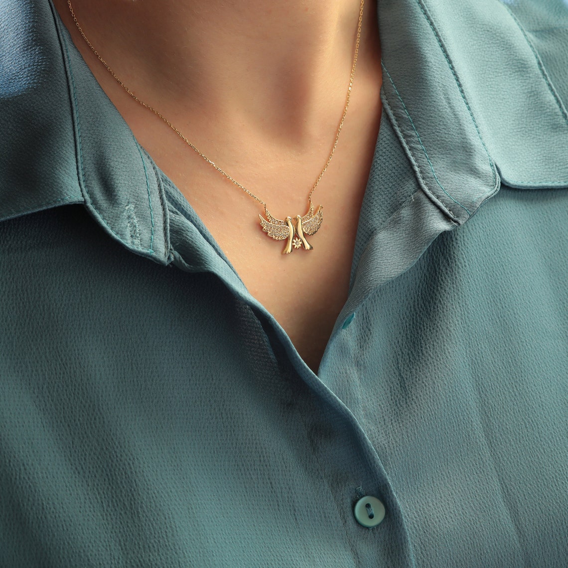 Double Bird Necklace 14k Gold Double Bird Necklace Valentine - Etsy