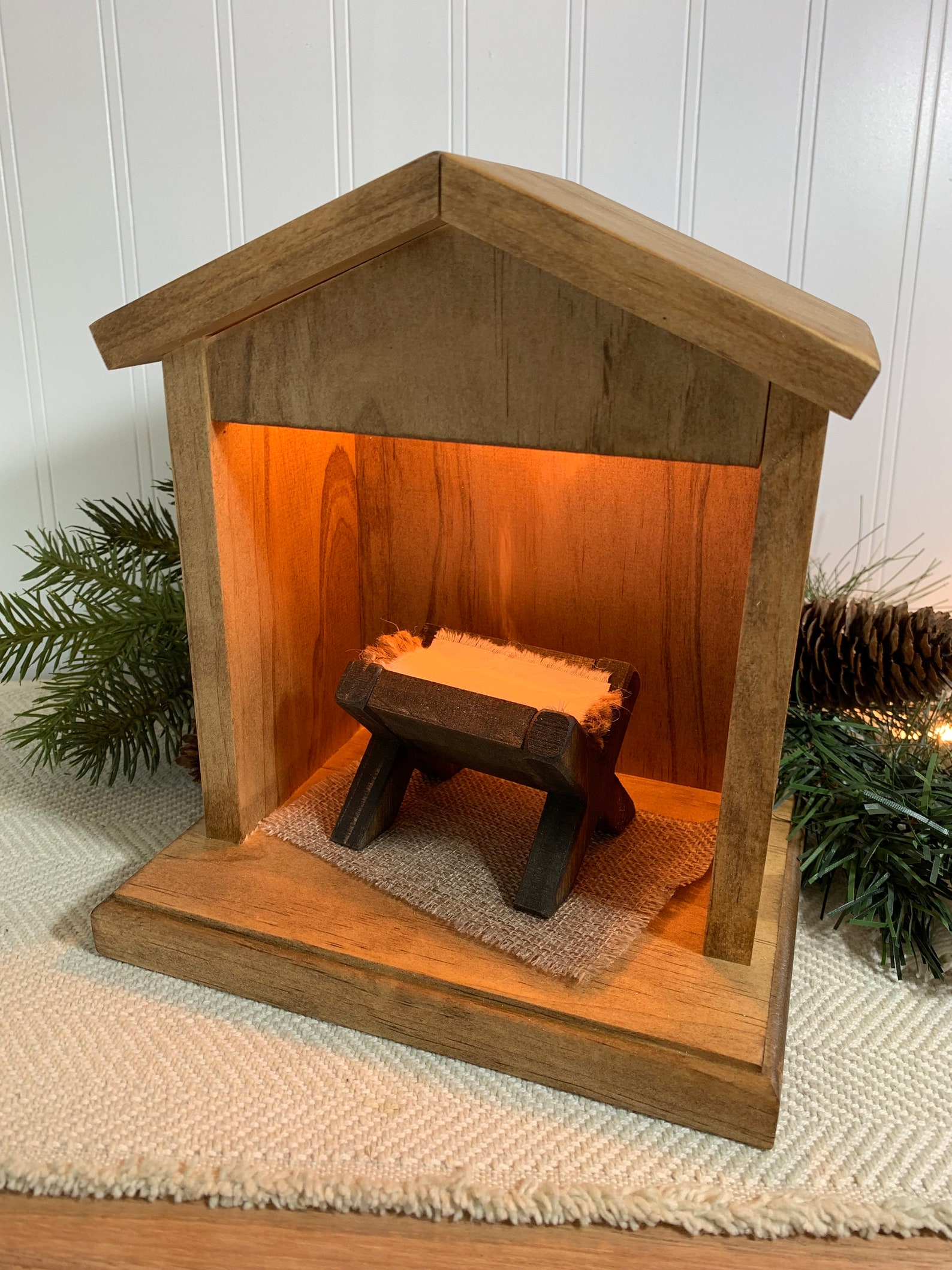 Wood Nativity Stable With Light and Manger/ 3 Piece Set / Simple but ...