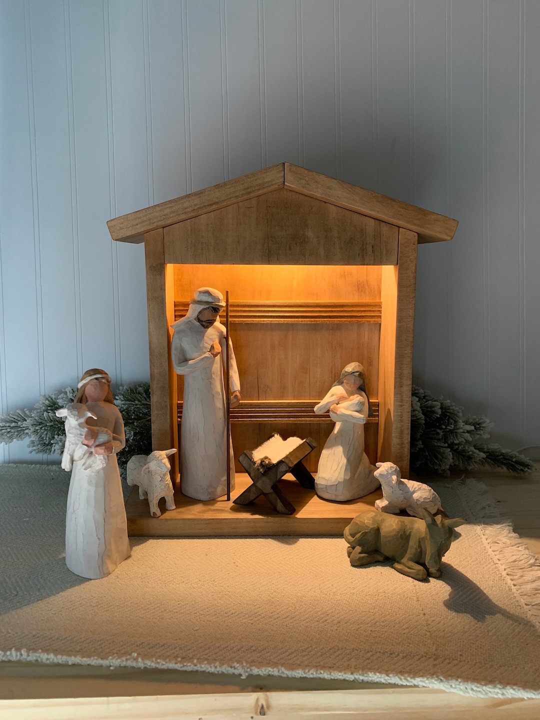 Wood Nativity Stable W/ Light / 3 Sizes Stable Fits Willow Tree ...