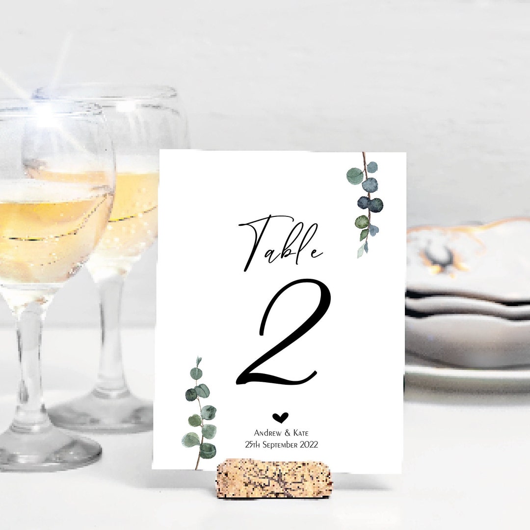 Personalised Wedding Table Number Cards Eucalyptus Leaf Custom Table ...