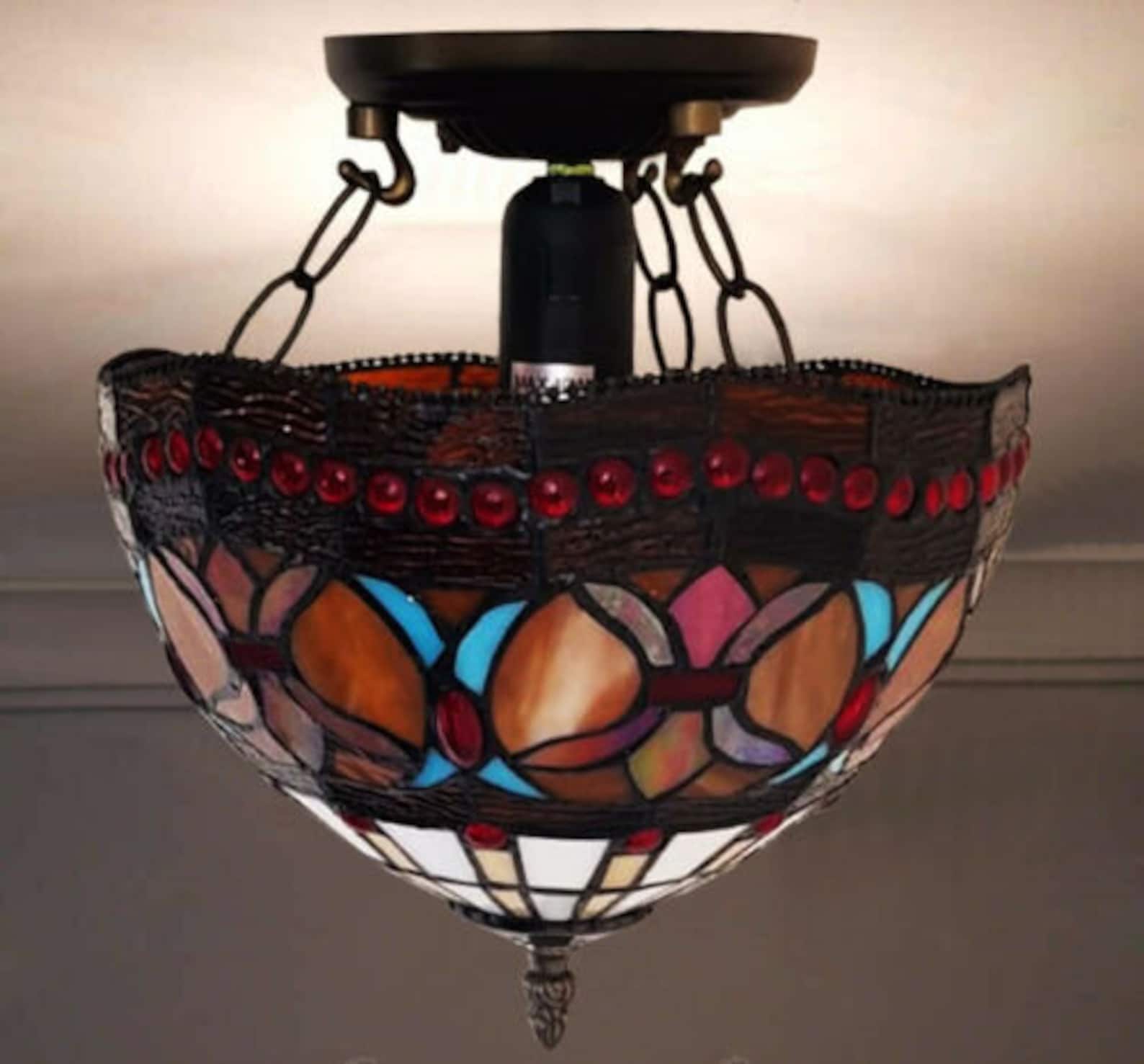 Tiffany Style Ceiling Lamps 10 Inch Wide Red Stained Glass | Etsy