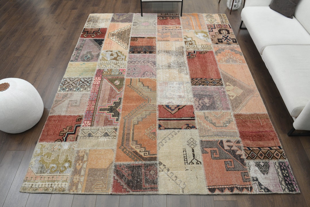 8x10 PATCHWORK RUG, Turkish Vintage Oushak Rug, Handmade Wool, Large ...