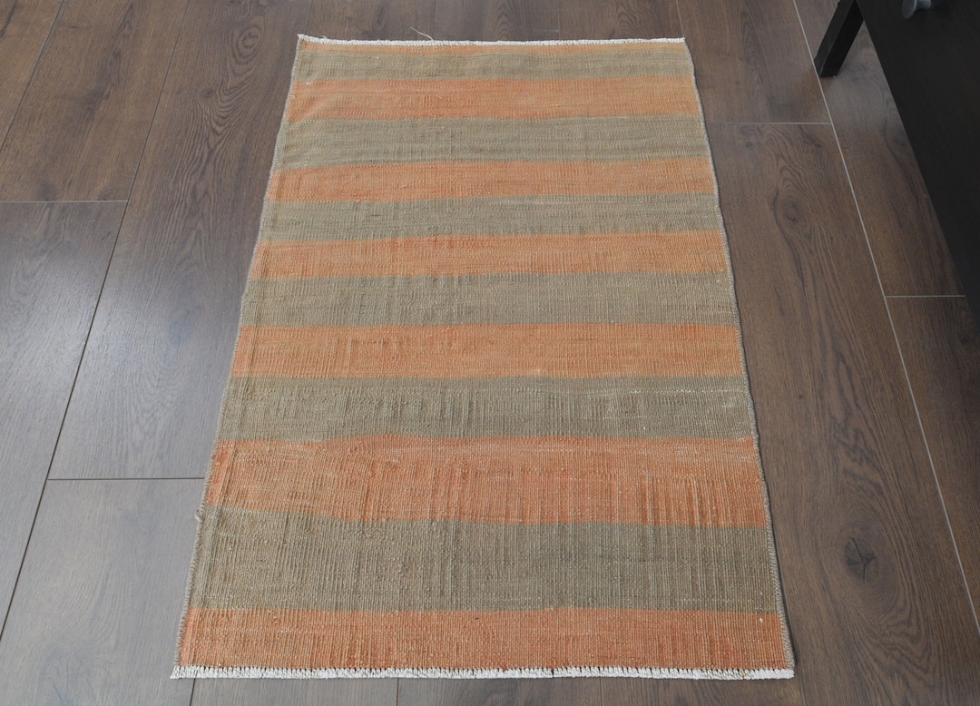 2x3 Striped Orange Gray Turkish Rug, 2x3 Door Mat, Handmade Wool Door ...