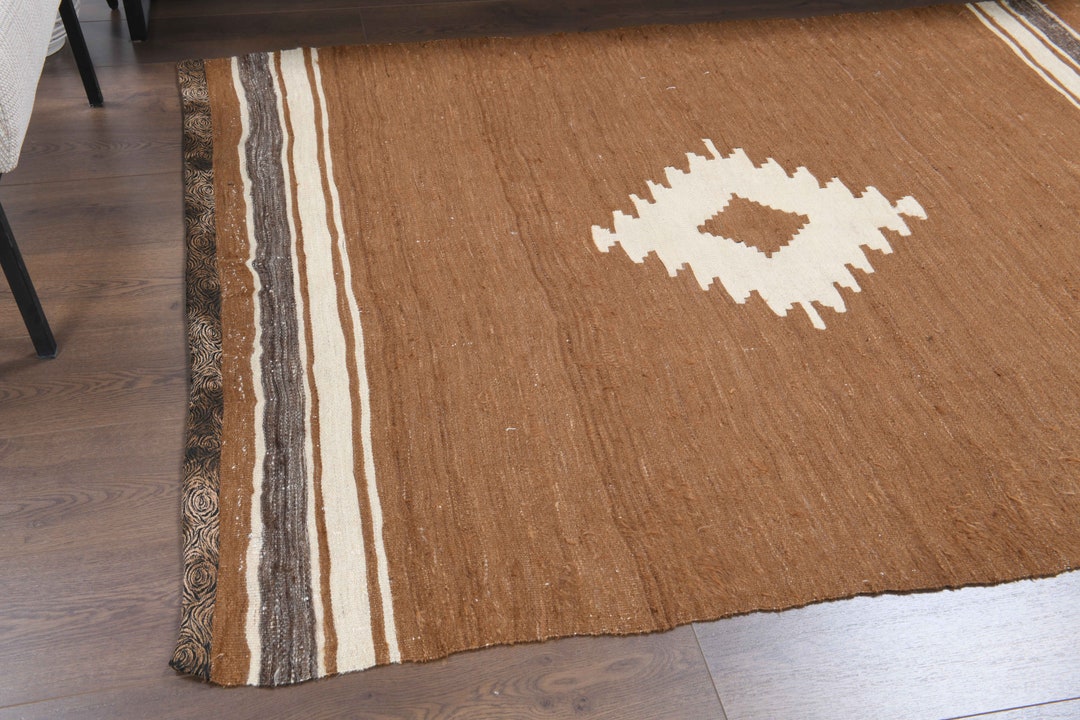 5x6 Brown Vintage Turkish KILIM Area Rug, Oushak Handmade Wool ...