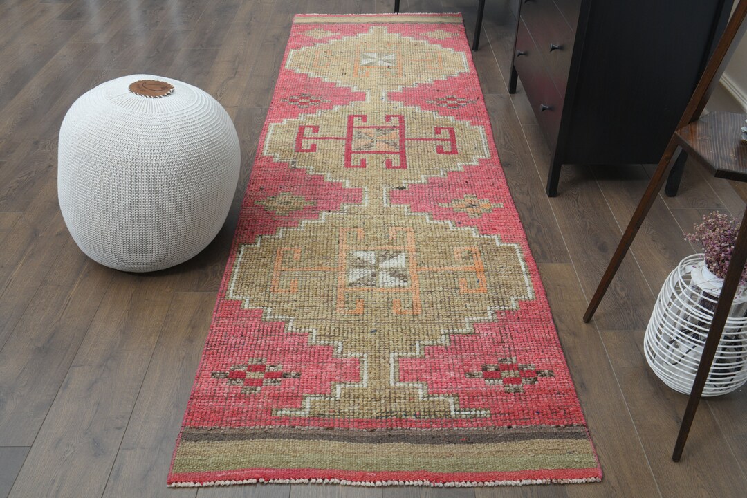 3x10 Pink Green Turkish Runner, Handmade Pink 3x10 Oushak Runner, 3x10 ...